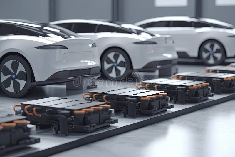 Electric Cars with Pack of Battery Cells Module on Platform in a Row ...