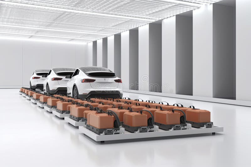 Electric Cars with Pack of Battery Cells Module on Platform in a Row ...