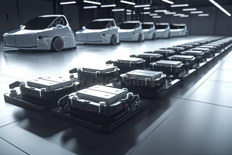 Electric Cars with Pack of Battery Cells Module on Platform in a Row ...