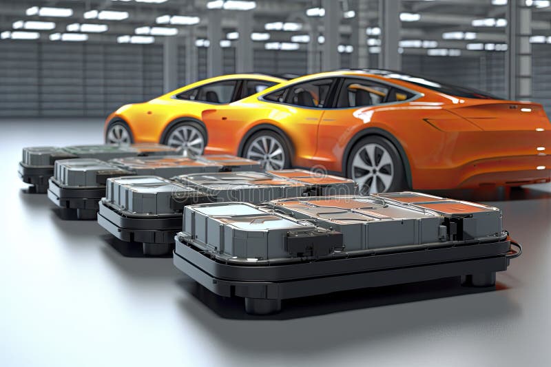 Electric Cars with Pack of Battery Cells Module on Platform in a Row ...