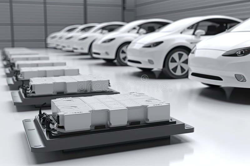 Electric Cars with Pack of Battery Cells Module on Platform in a Row ...