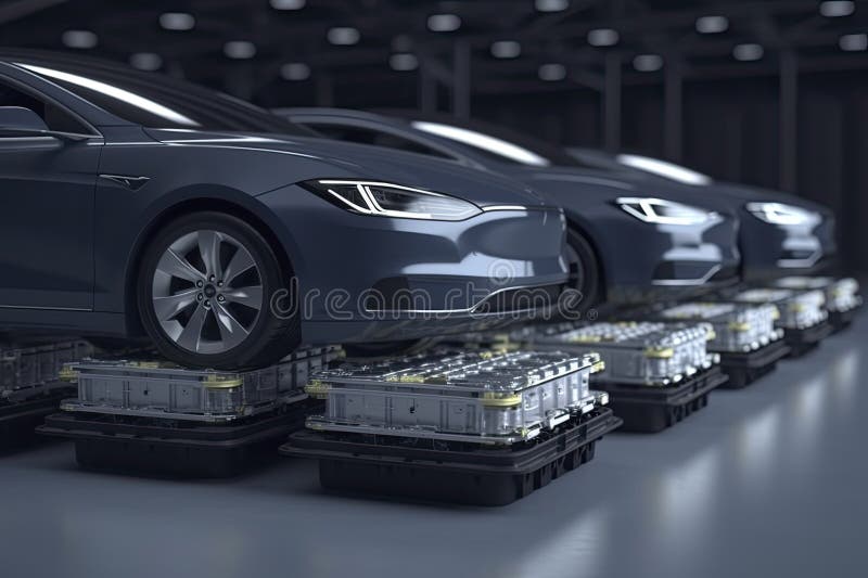 Electric Cars with Pack of Battery Cells Module on Platform in a Row ...