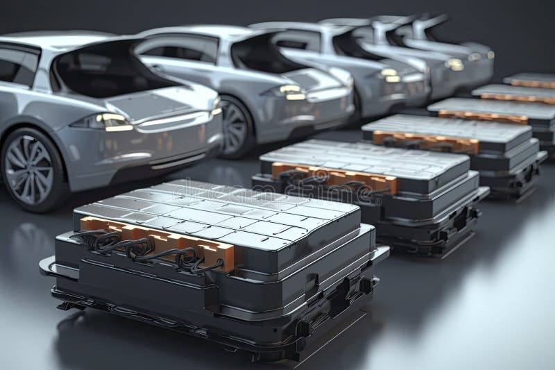 Electric Cars with Pack of Battery Cells Module on Platform in a Row ...