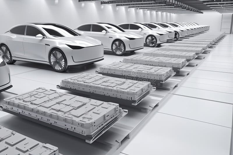 Electric Cars with Pack of Battery Cells Module on Platform in a Row ...
