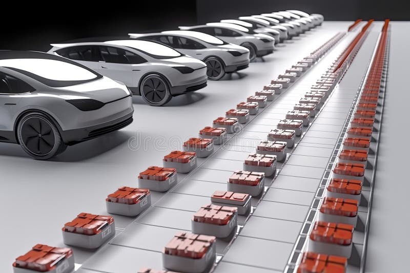 Electric Cars with Pack of Battery Cells Module on Platform in a Row ...