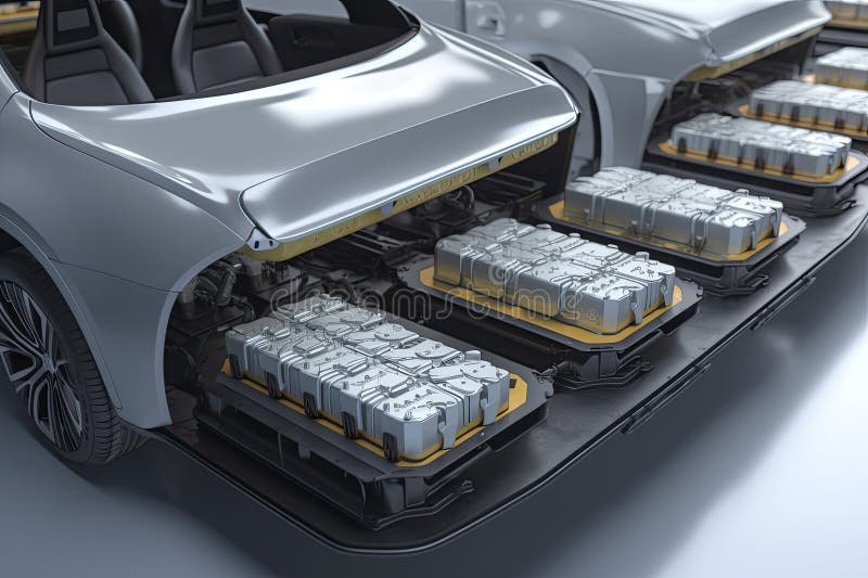 Electric Cars with Pack of Battery Cells Module on Platform in a Row ...