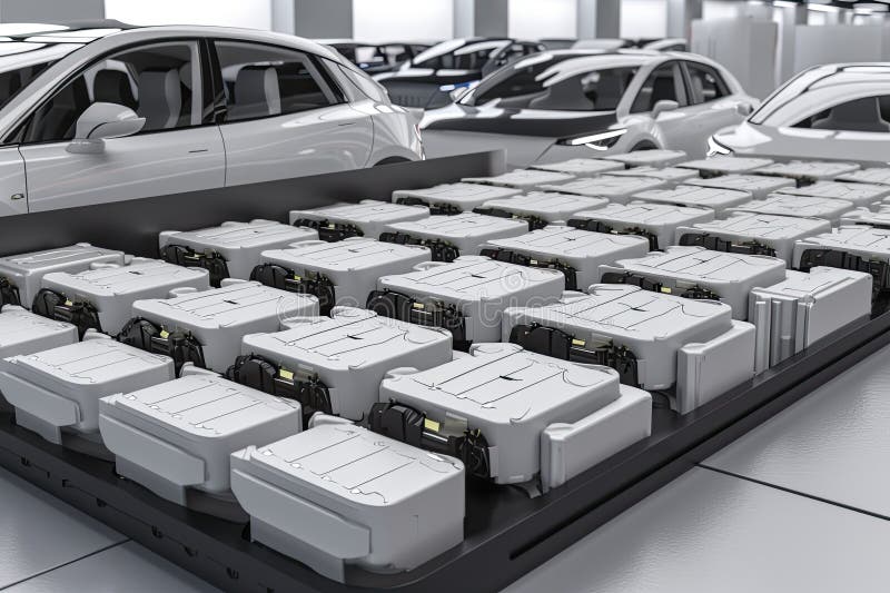 Electric Cars with Pack of Battery Cells Module on Platform in a Row ...