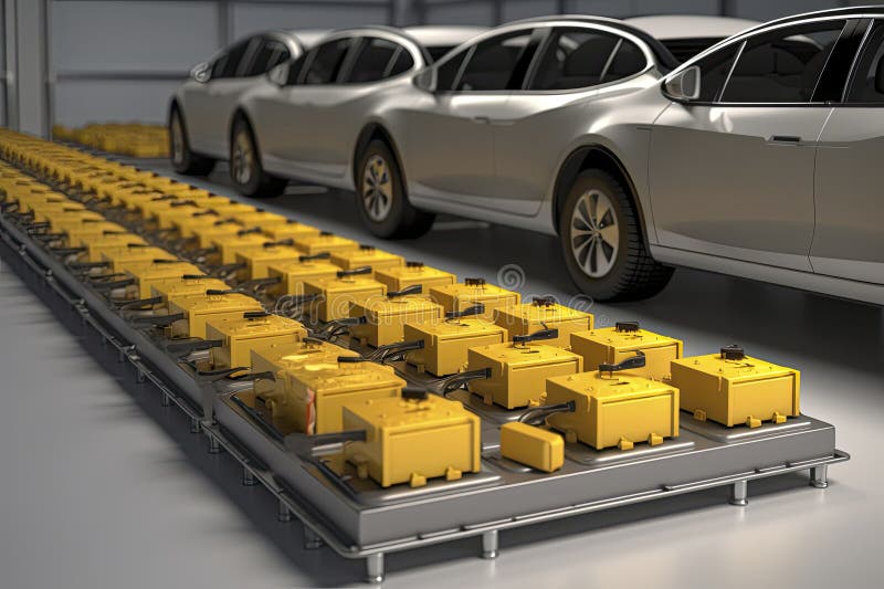 Electric Cars with Pack of Battery Cells Module on Platform in a Row ...