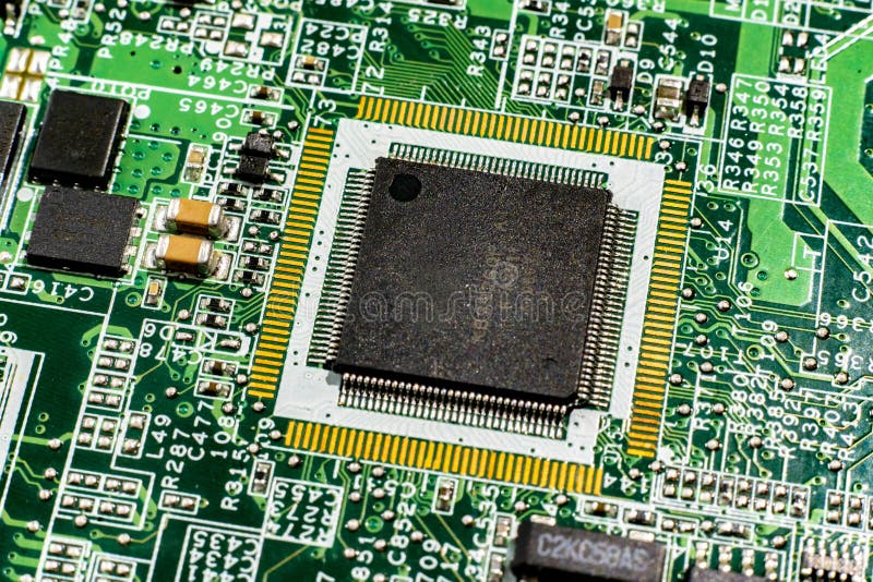 Electric Chip on a Green Circuit Board Close Up, Pcb D Stock Photo ...