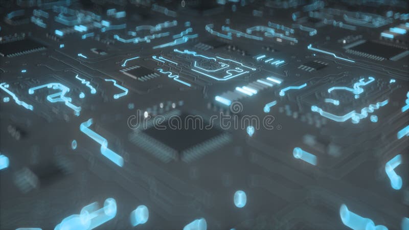 Electric Current on on Printed Circuit Board 3D Render Stock ...