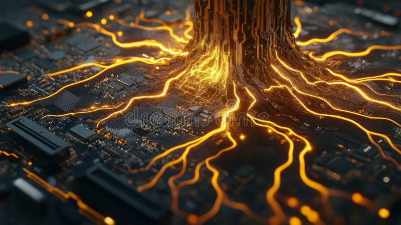 Electric Currents Emanate from a Computer Circuit Board Resembling a ...