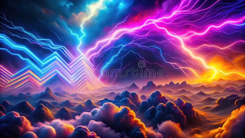 Electric Dreamscape Vibrant Neon Geometry and Celestial Lightning Storm ...