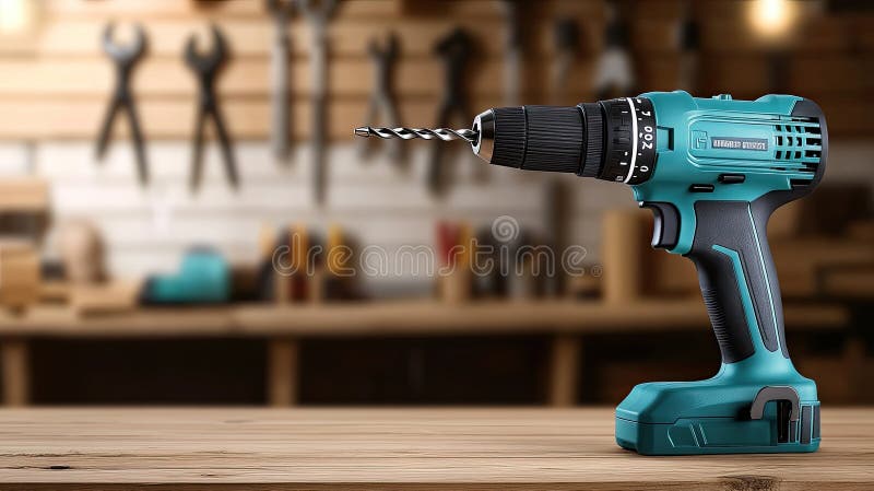 An Electric Drill Rests on a Wooden Table, with a Blurred Workbench and ...