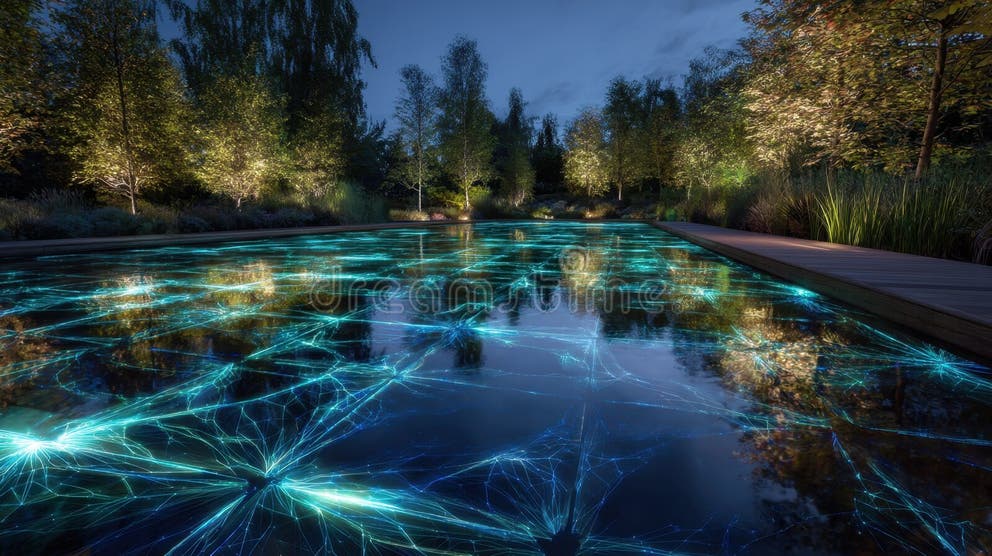 Electric Eel Tiles Illuminating Contemporary Wetland Grid at Twilight ...