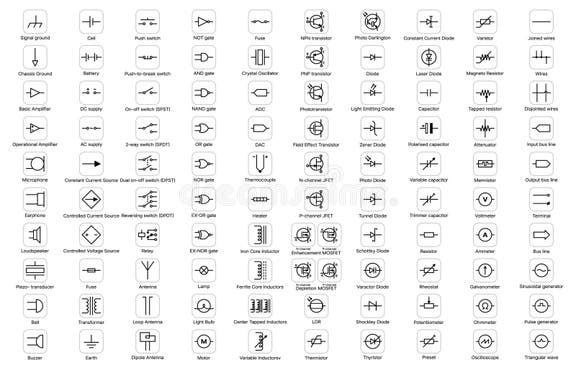 Electric and Electronic Circuit Elements Symbols Stock Vector ...