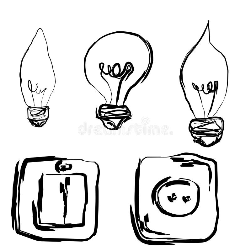 Electric Euro Socket, Switch and Light Bulbs Isolated Vector Sketches ...