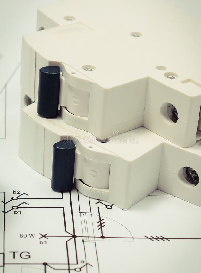 Electric Fuse on Construction Drawing of House. Accessories and Work ...