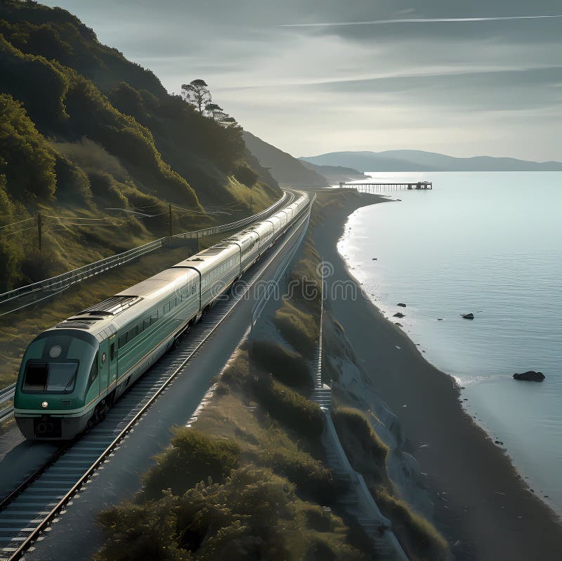The Train Run Along the Side of Sea. AI-generated. Stock Illustration ...
