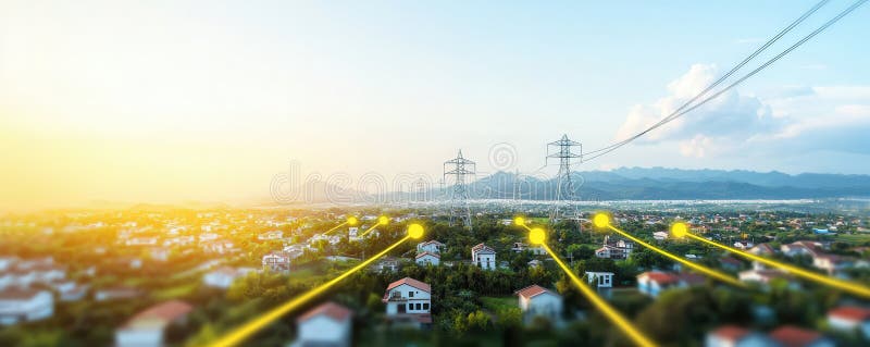 Electric Grid Powering Homes in Scenic Landscape Stock Illustration ...