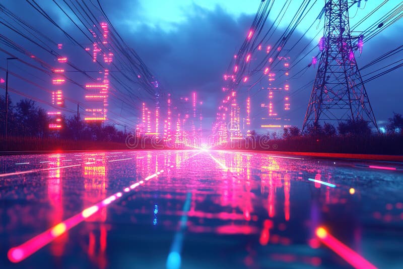 Electric Gridscape Power Lines & Tower with Vivid Neon Reflection on ...