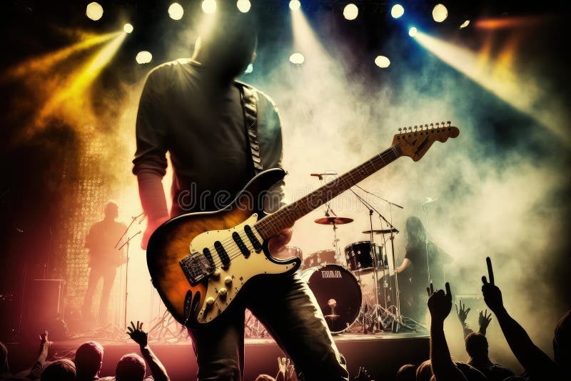 Electric Guitar Being Played on Stage, with Singer and Band in the ...