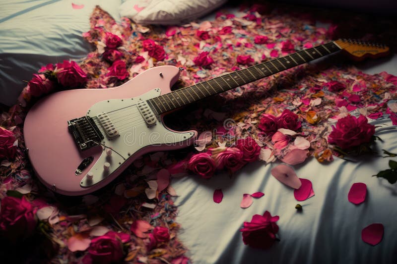 Electric Guitar, Lying on Bed of Rose Petals and Twigs Stock ...