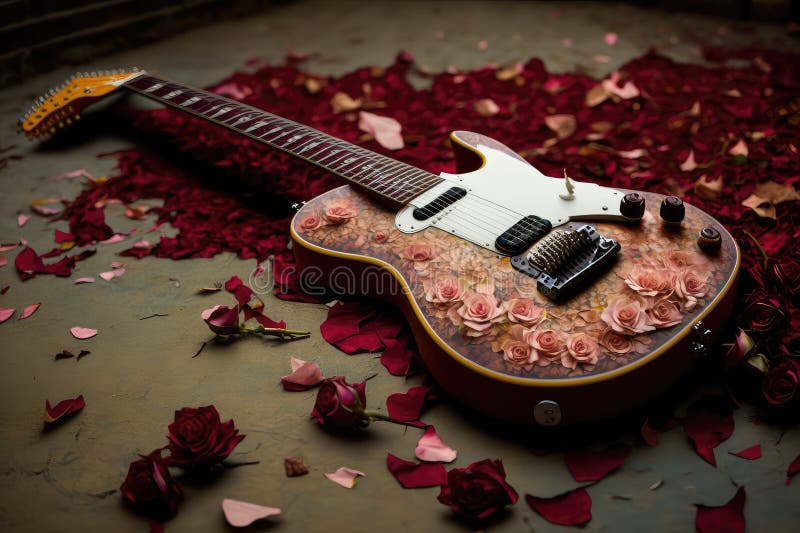 Electric Guitar, Lying on Bed of Rose Petals and Twigs Stock ...