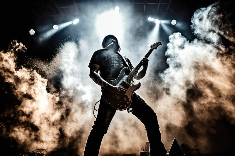Electric Guitar Player, Performing Solo Concert with Dramatic Lighting ...