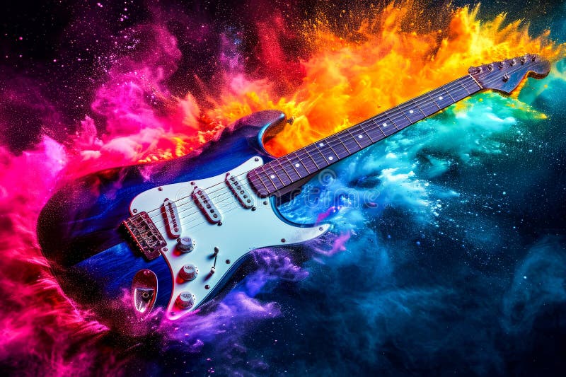 Electric Guitar is Shown in Artistic and Colorful Setting with Rainbow ...