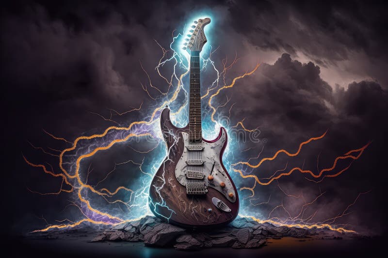 Electric Guitar, Surrounded by Flash of Lightning, in Stormy Sky Stock ...