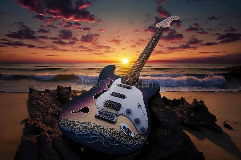 Electric Guitar, with View of the Sun Setting Over the Ocean Stock ...