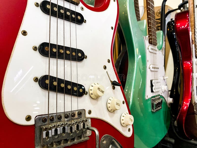 Electric Guitars on Display, Showcasing Various Styles. Stock Photo ...