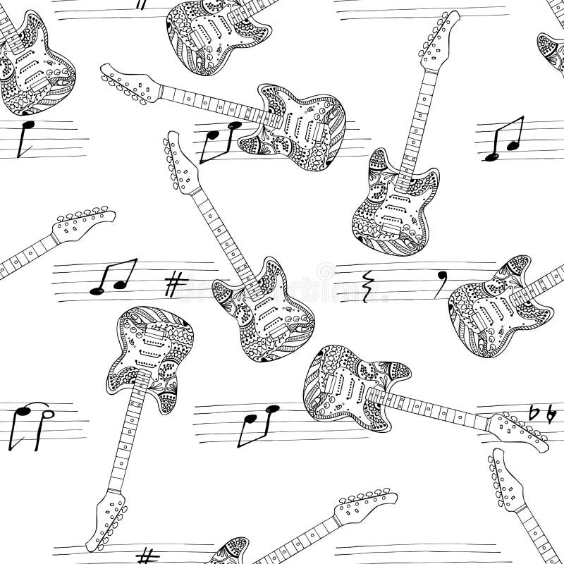 Electric Guitars Pattern with Notes Hand Drawn Stock Vector ...