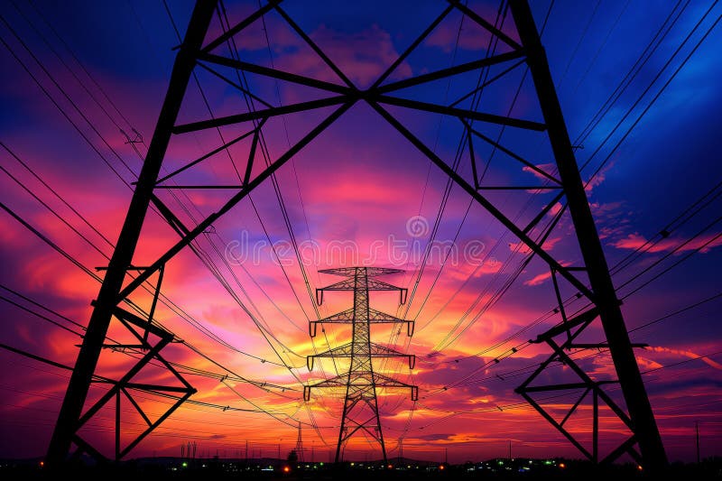 Electric High Voltage Power Towers at Sunset - AI Generated Stock ...