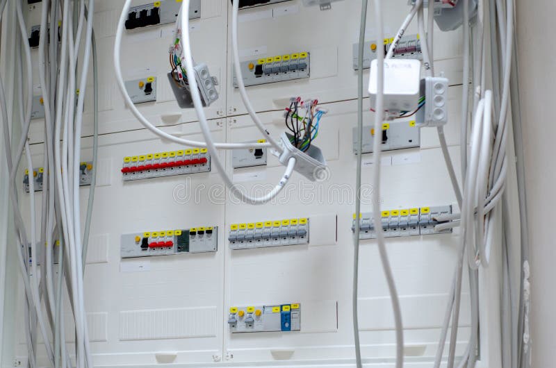 Electric Installation Work. Connecting Wires To the Switchboard Stock ...