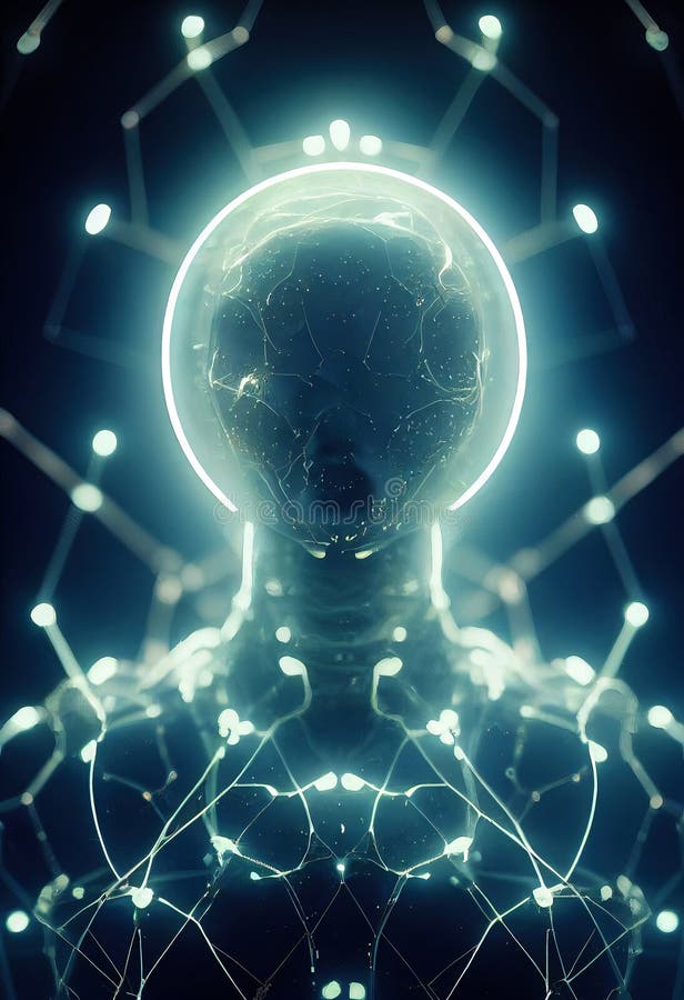 Electric Intelligence. Illuminated Humanoid AI in the Dark Blue Neural ...