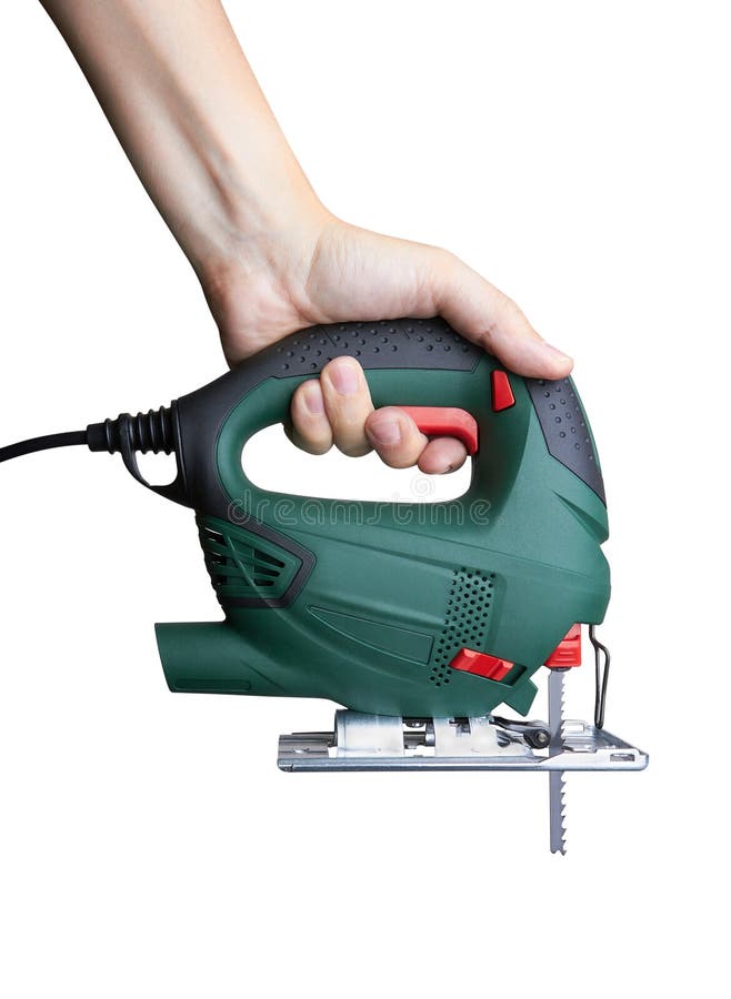 Electric jig saw in hand stock photo. Image of white - 251460154