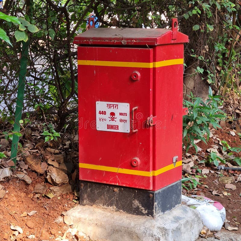 Electric Junction Box with Warning Sign Stock Photo - Image of lawn ...