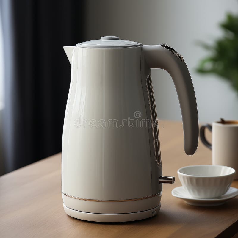 Modern Stylish Electrical Kettle and Cups on Table Against Blurred Room ...