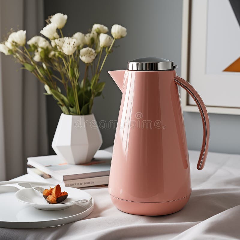 Modern Stylish Electrical Kettle and Cups on Table Against Blurred Room ...