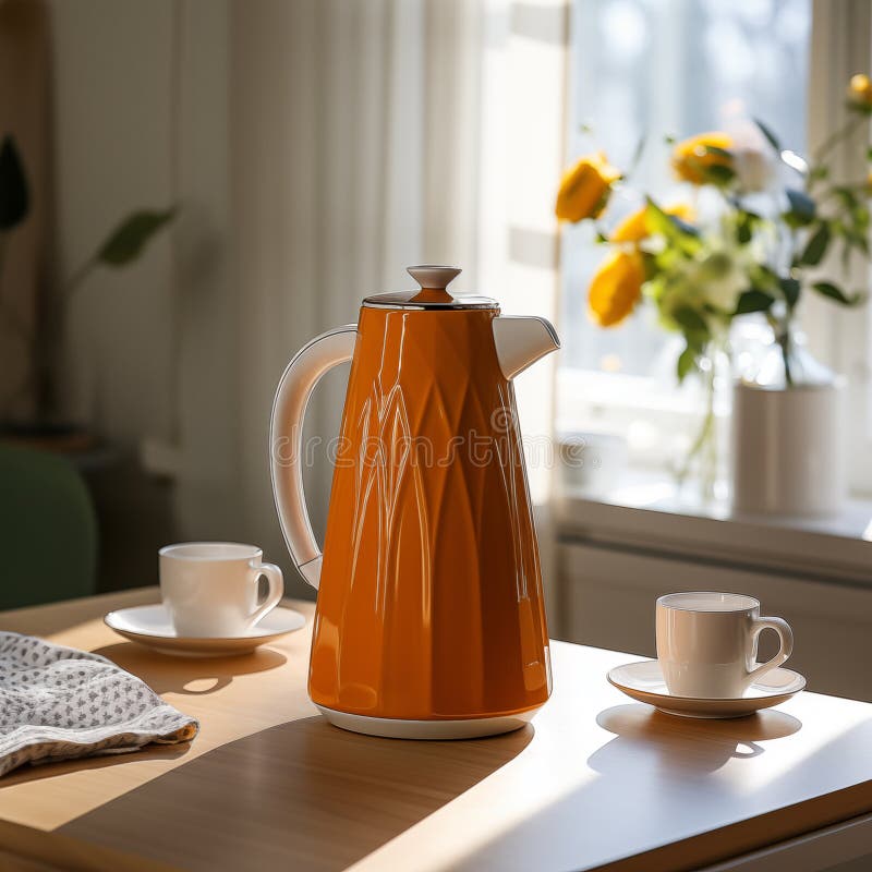 Stylish Electrical Kettle and Cups on Table Against Blurred Room ...