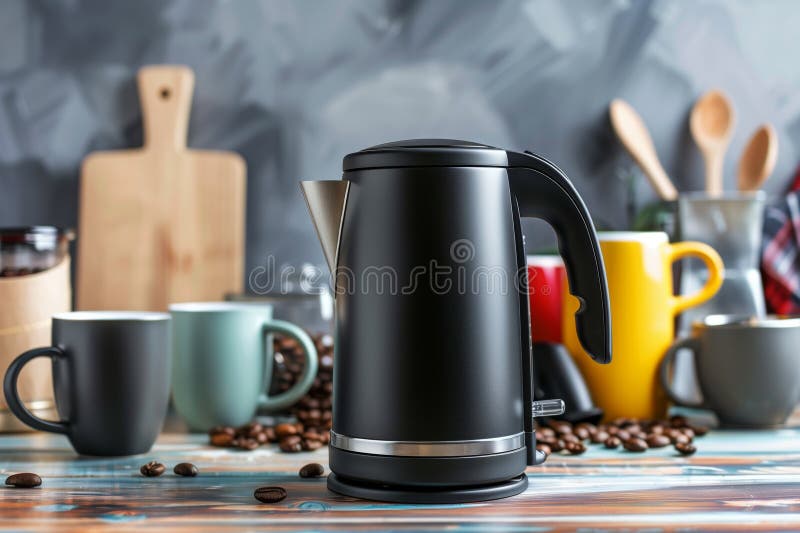 Electric Kettle in Office Space with Mugs and Coffee Supplies Around ...