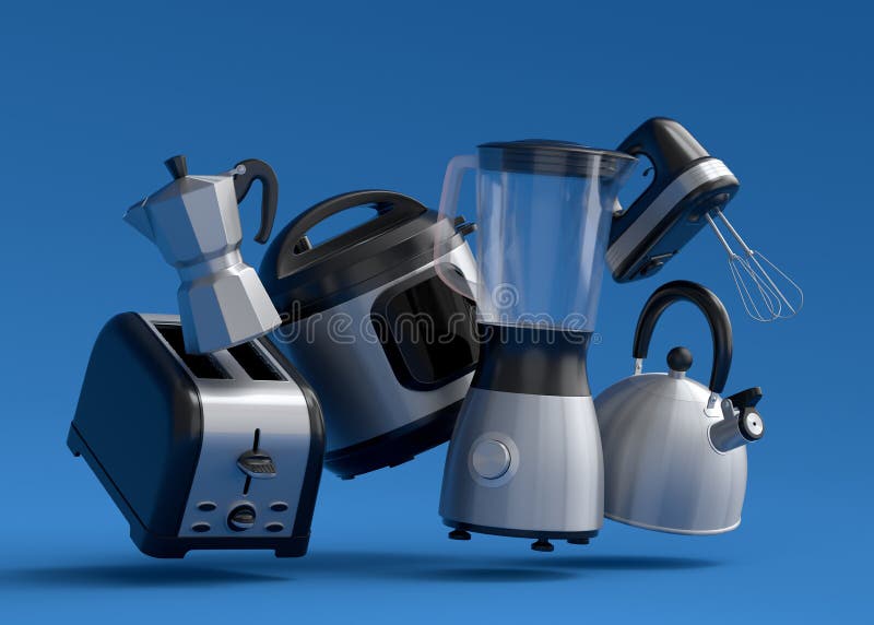Electric Kitchen Appliances and Utensils for Making Breakfast on Blue ...