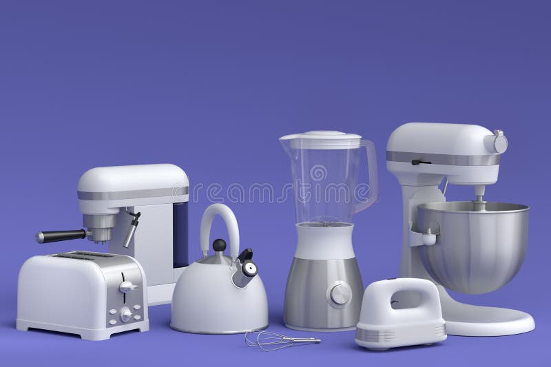 Electric Kitchen Appliances and Utensils for Making Breakfast on White ...