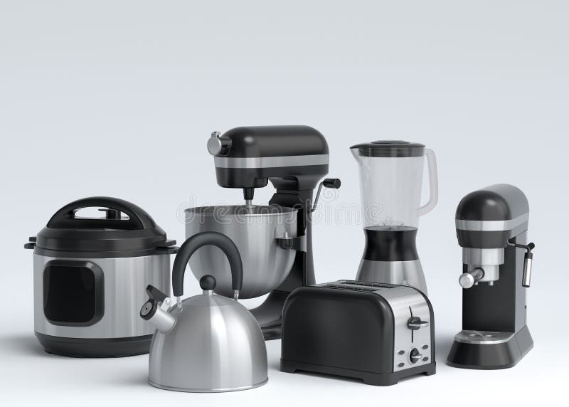 Electric Kitchen Appliances and Utensils for Making Breakfast on White ...