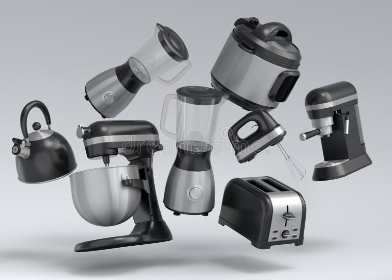 Electric Kitchen Appliances and Utensils for Making Breakfast on White ...