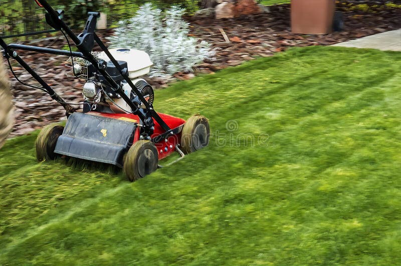 Electric Lawn Mower Machine in Garden on the Grass. Garden and Lawn ...