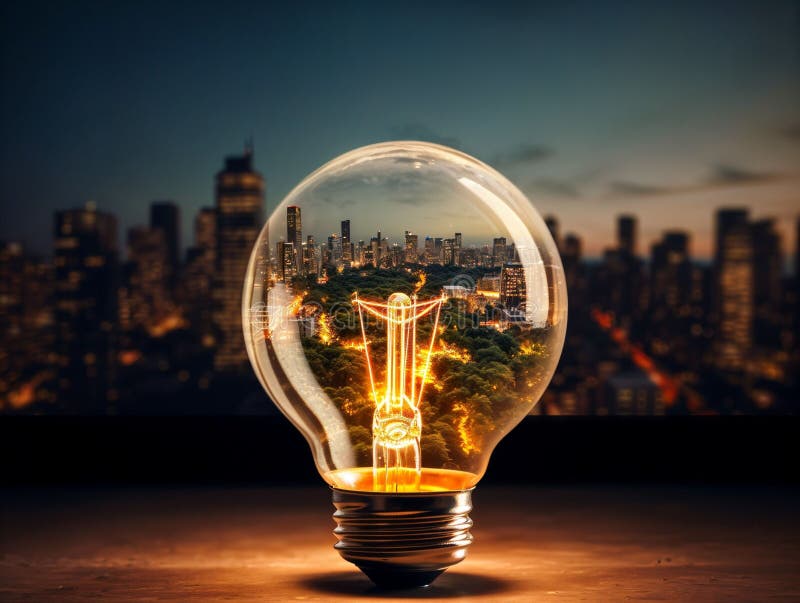 An Electric Light Bulb with City in the Background at Sunset Stock ...