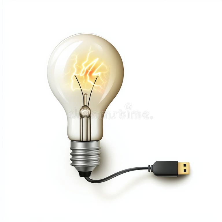 Electric Light Bulb Connected To Usb Cable on White Background Stock ...