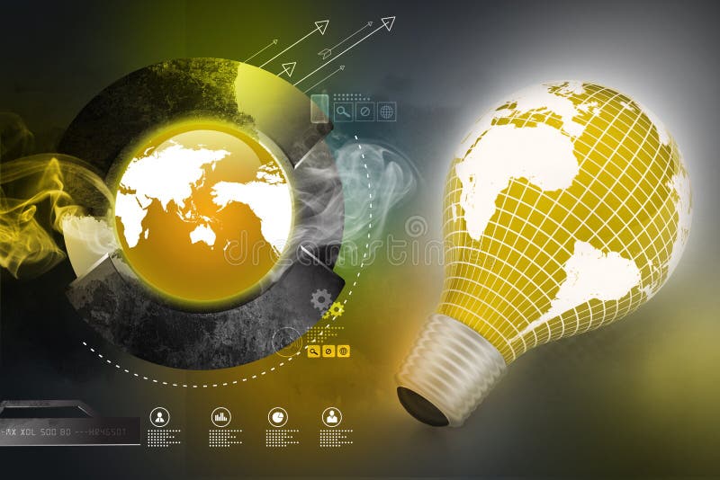 An Electric Light Bulb with a World Map Stock Illustration ...